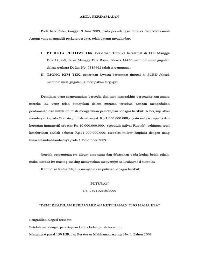 Akta Perdamaian PT Duta Pertiwi Tbk | PDF