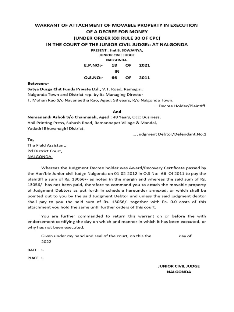 Warrant of Attachment of Movable Property in Execution of A Decree For ...