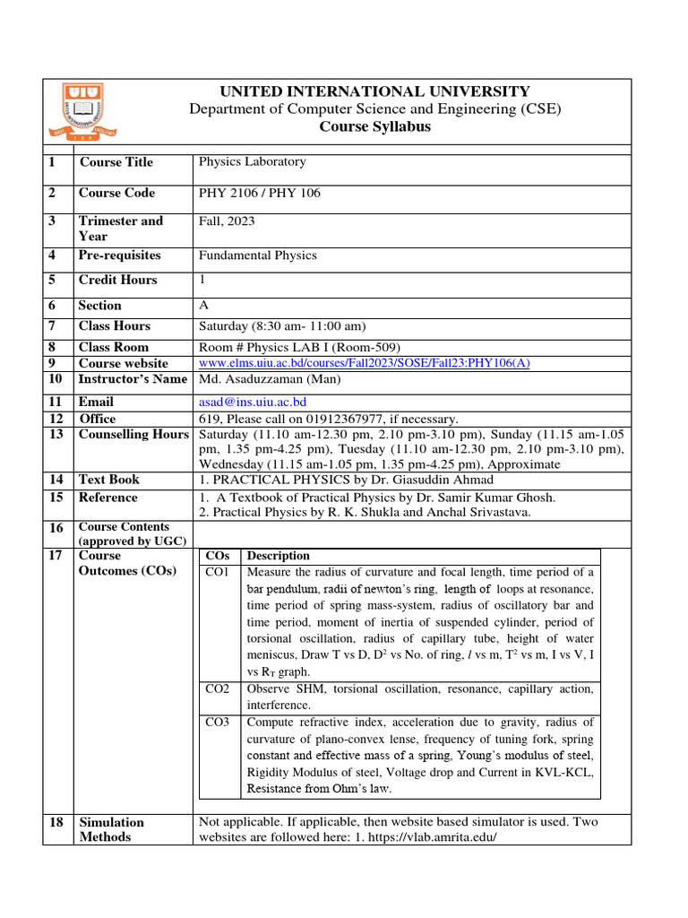 Physics Laboratory Syllabus Fall 2023 | PDF | Capacitor | Electrical Engineering