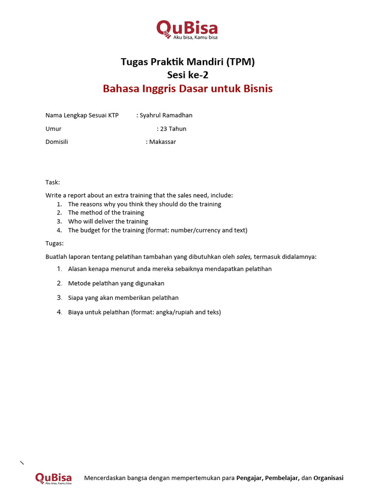 Carryover_TPM Sesi 2 - Melati Aros Putri - Bahasa Inggris Dasar untuk Bisnis | PDF