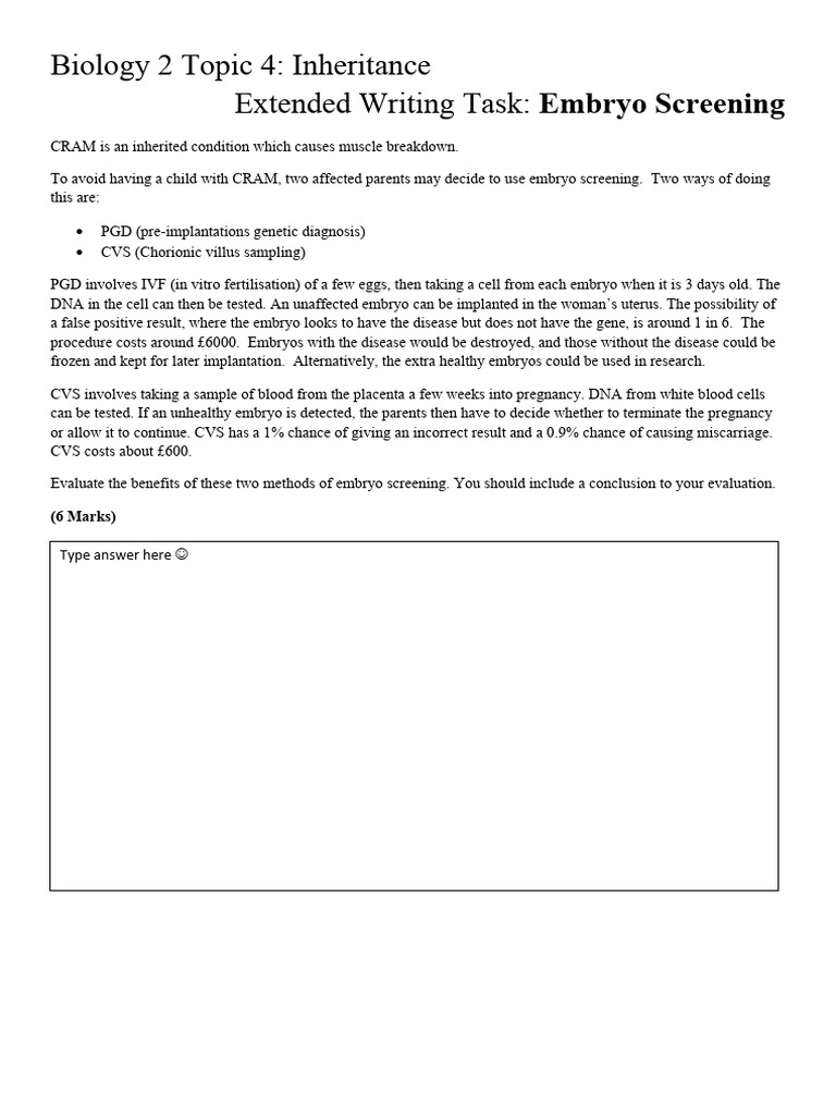6 MARK HOMEWORK SHEET EMRBYO SCREENING - Edmodo | PDF | Self ...