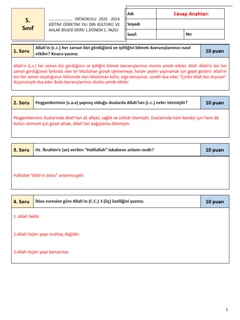 Dkab 5.sinif 1. Donem 2.yazili Sinavi - Cevap Anahtari | PDF