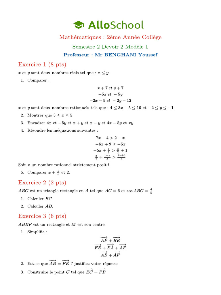 Math 2ac Semestre 2 Devoir 2 Modele 1 2 | PDF