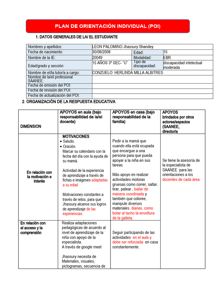 Plan de Orientación Individual - Poi - Jhassury Leon - 20049 | PDF ...