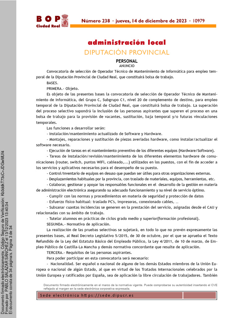 Anuncio BOP Convocatoria Selección Operador Técnico Mantenimiento Informática | PDF | Invalidez ...