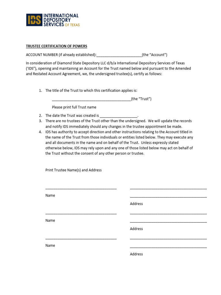 Trustee Certification of Powers Texas Fillable | PDF | Business Law ...