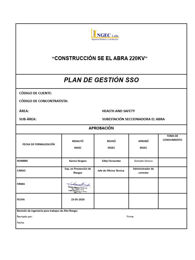 Plan de Gestión SSO El Abra 220 kV | PDF | Riesgo | La seguridad