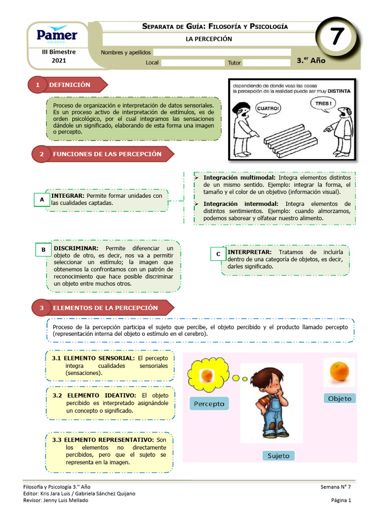 Separata - 3.° Año - SEM 7 - FYPSI - III BIM | PDF | Percepción | Sentidos