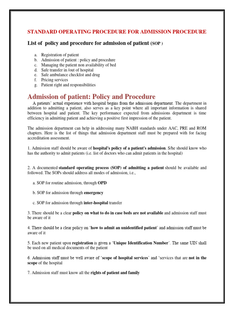 Hospital Admission Procedure SOP | PDF | Patient | Health Care
