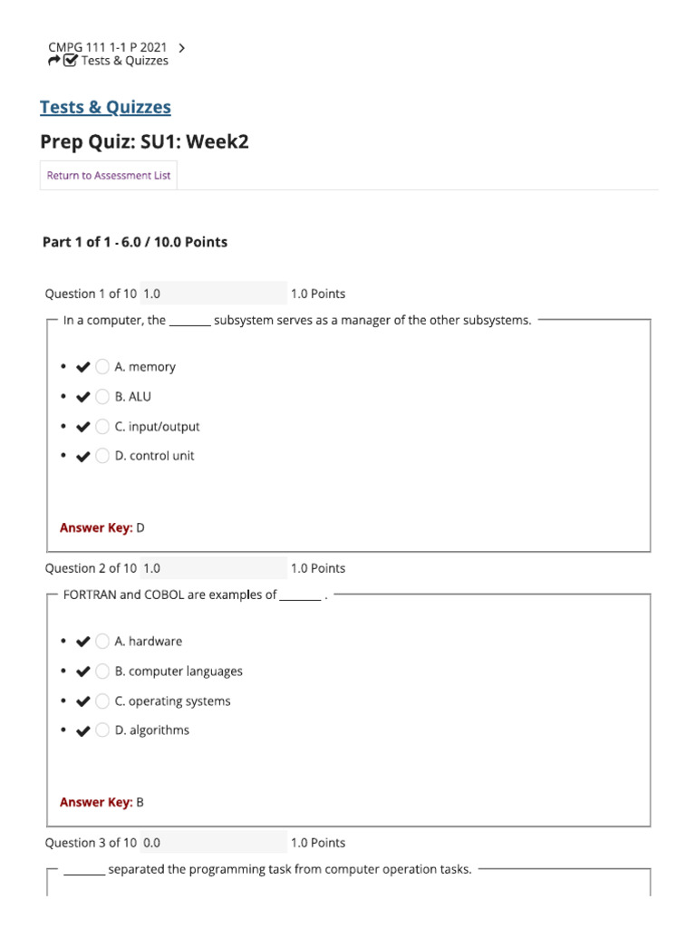 2021 Prep Quiz Week 2 - SU1 + Memo | PDF