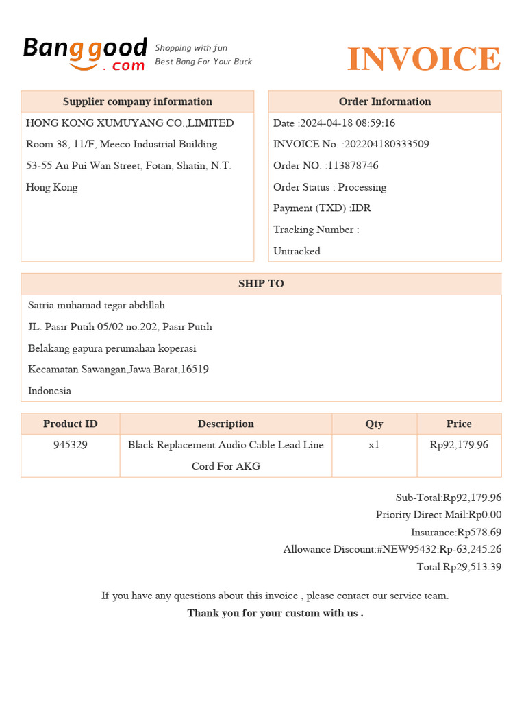 Banggood Invoice for Audio Cable Order | PDF