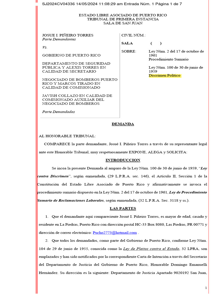 Demanda Josué | PDF | Puerto Rico | Discriminación