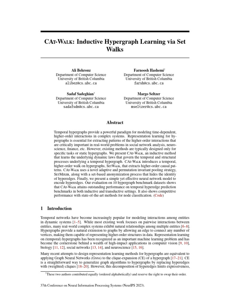 NeurIPS 2023 Cat Walk Inductive Hypergraph Learning Via Set Walks Paper ... NeurIPS 2023 Cat Walk Inductive Hypergraph Learning Via Set Walks Paper ...
