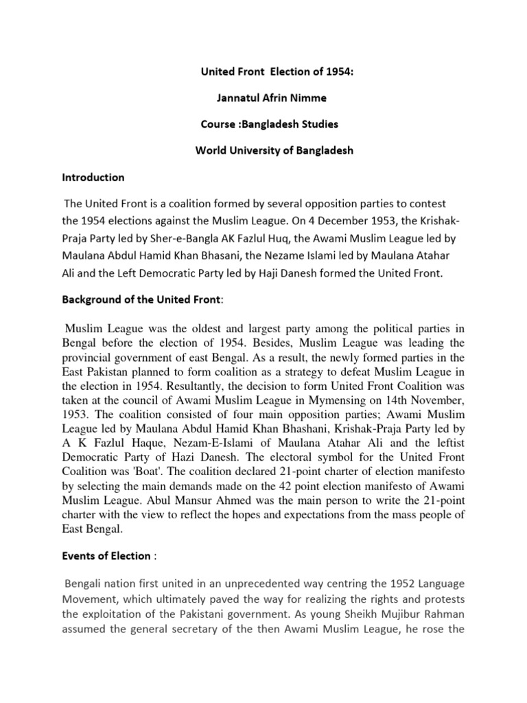 United Front Election of 1954 in East Pakistan | PDF | Politics Of ...