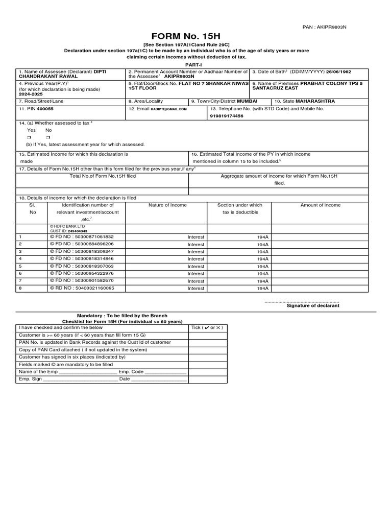 15 H Form (Pre-Filled) | PDF | Public Finance | Taxation