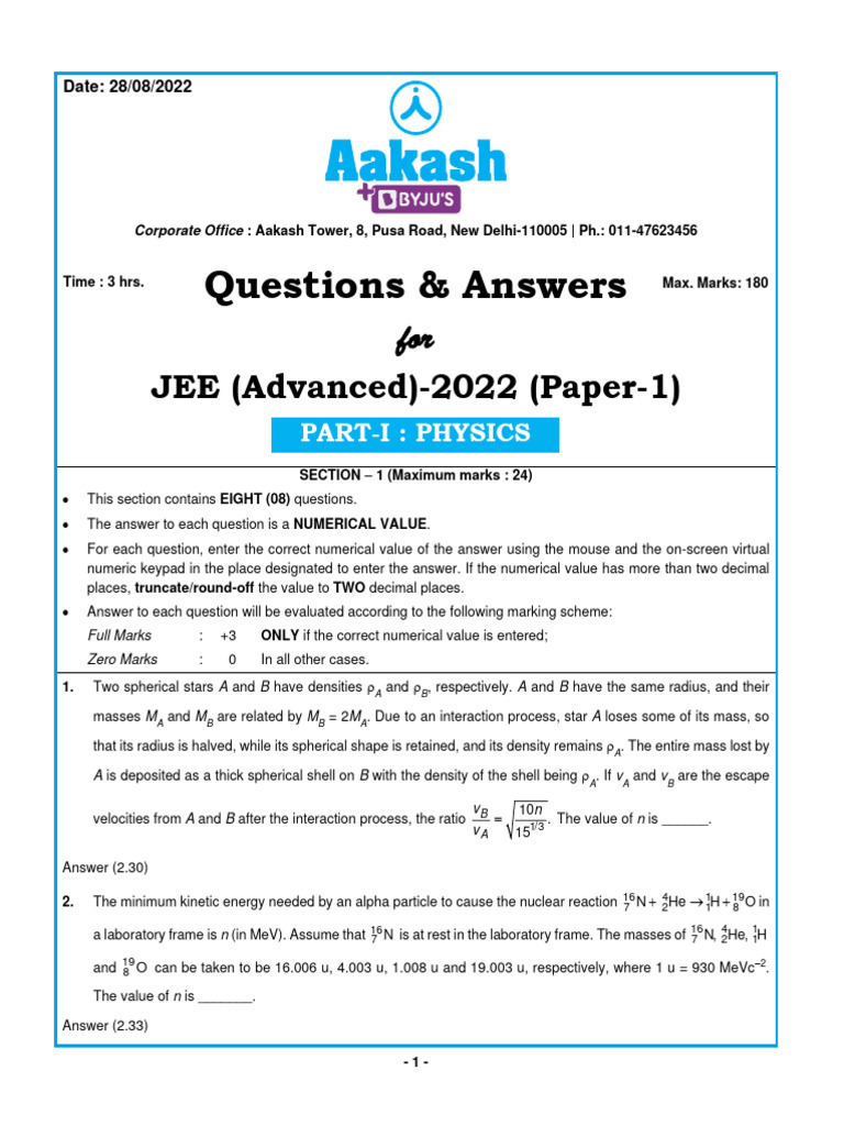 Qs&Ans_JEE-(Advanced)-2022_Paper-1_PCM | Download Free PDF | Capacitor ...