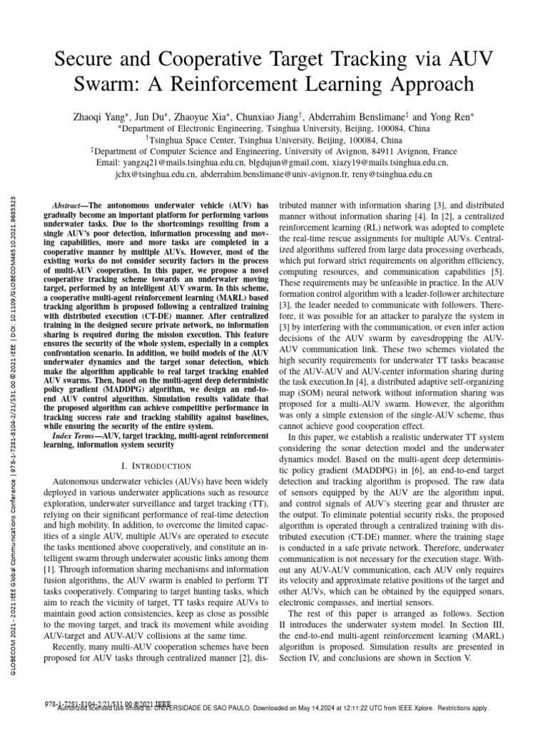 Secure and Cooperative Target Tracking Via AUV Swarm A Reinforcement Learning Approach | PDF