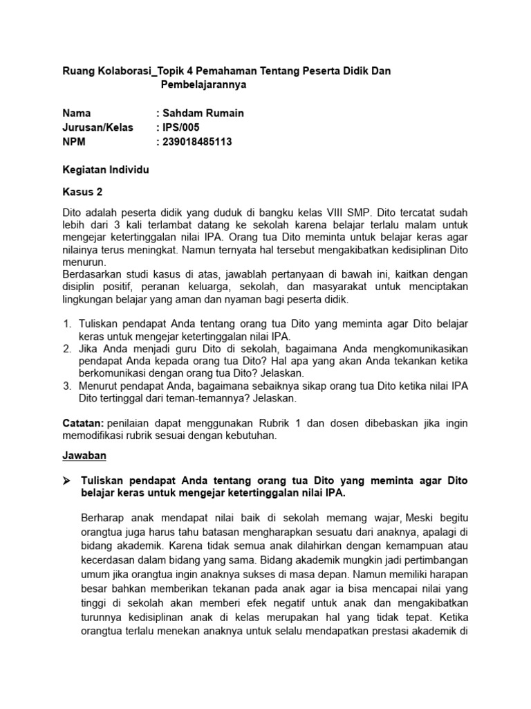 Ruang Kolaborasi - Topik 4 Kasus 2 Pemahaman Tentang Peserta Didik Dan Pembelajarannya | PDF