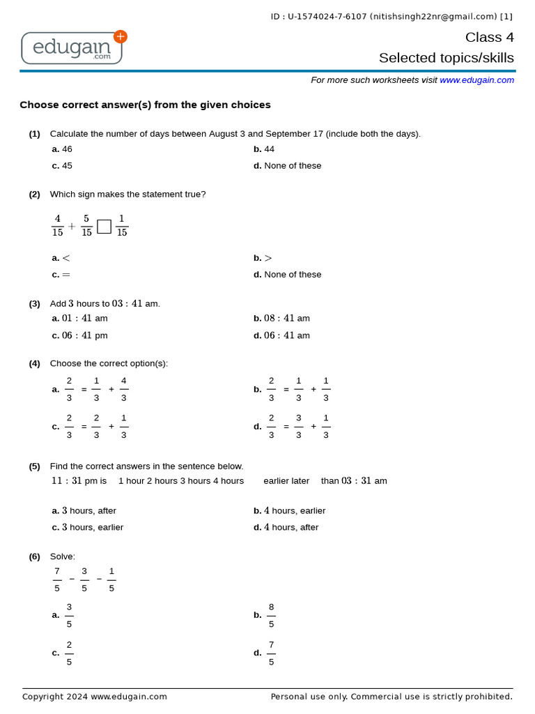 Fractions Class 4 | PDF