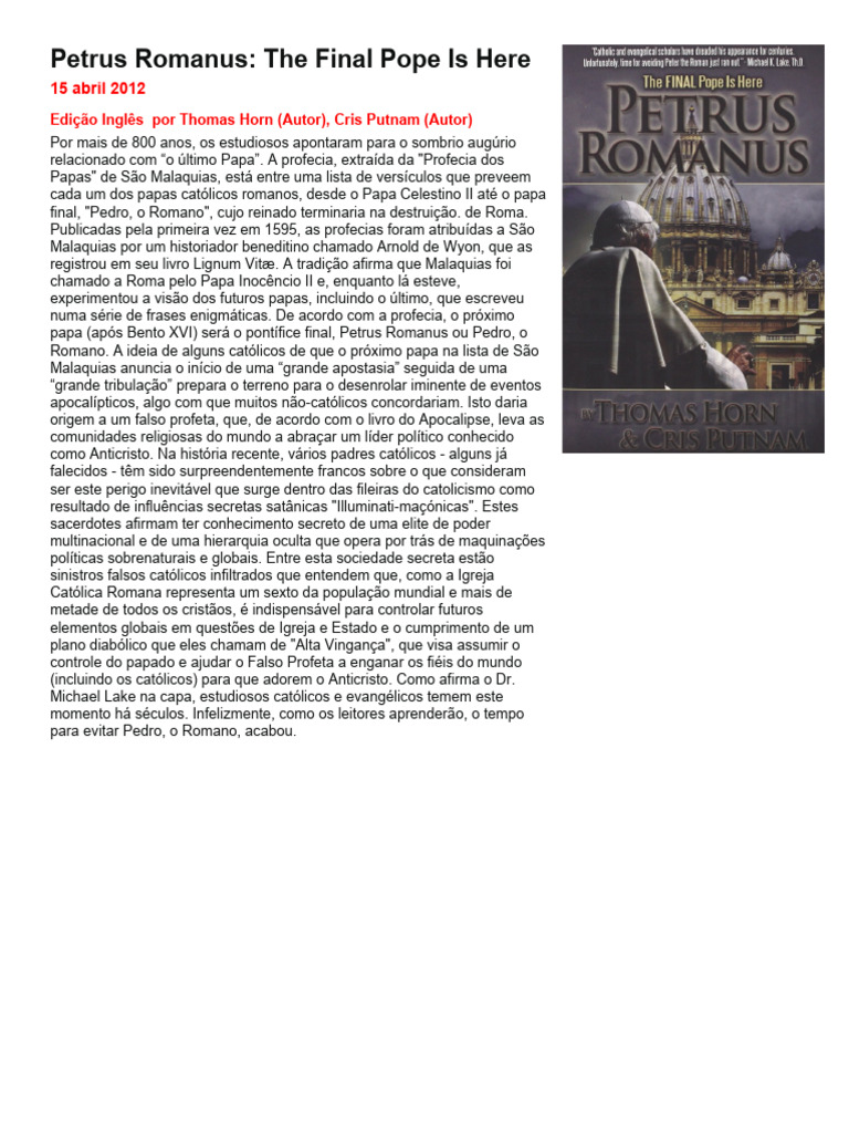 PETRUS ROMANUS o Ultimo Papa | PDF | Papa | Igreja católica