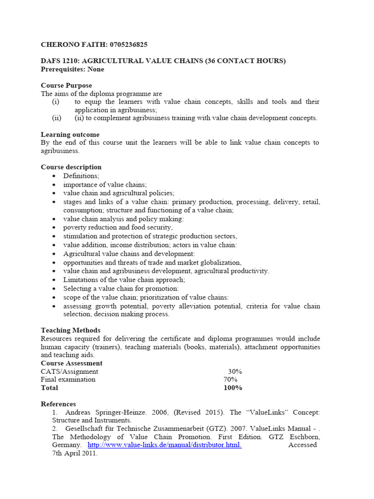 Dafs 1210 Agricultural Value Chain Notes | PDF | Agriculture | Smallholding