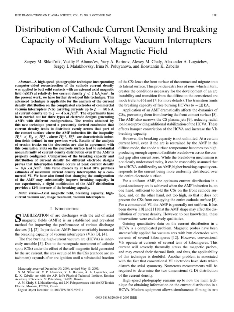 Distribution of Cathode Current Density and Breaking Capacity of Medium ...