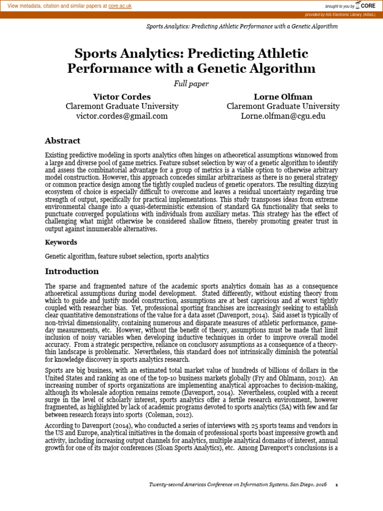 Sports Analytics: Predicting Athletic Performance With A Genetic Algorithm | Download Free PDF ...