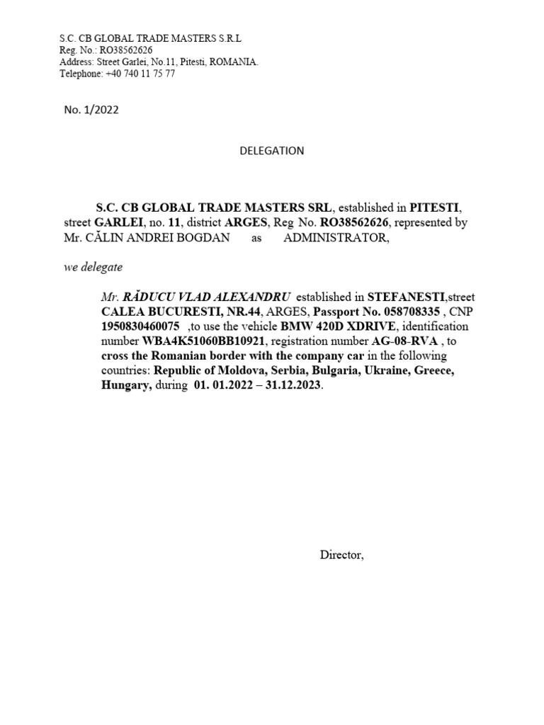 Delegation for International Vehicle Use | PDF