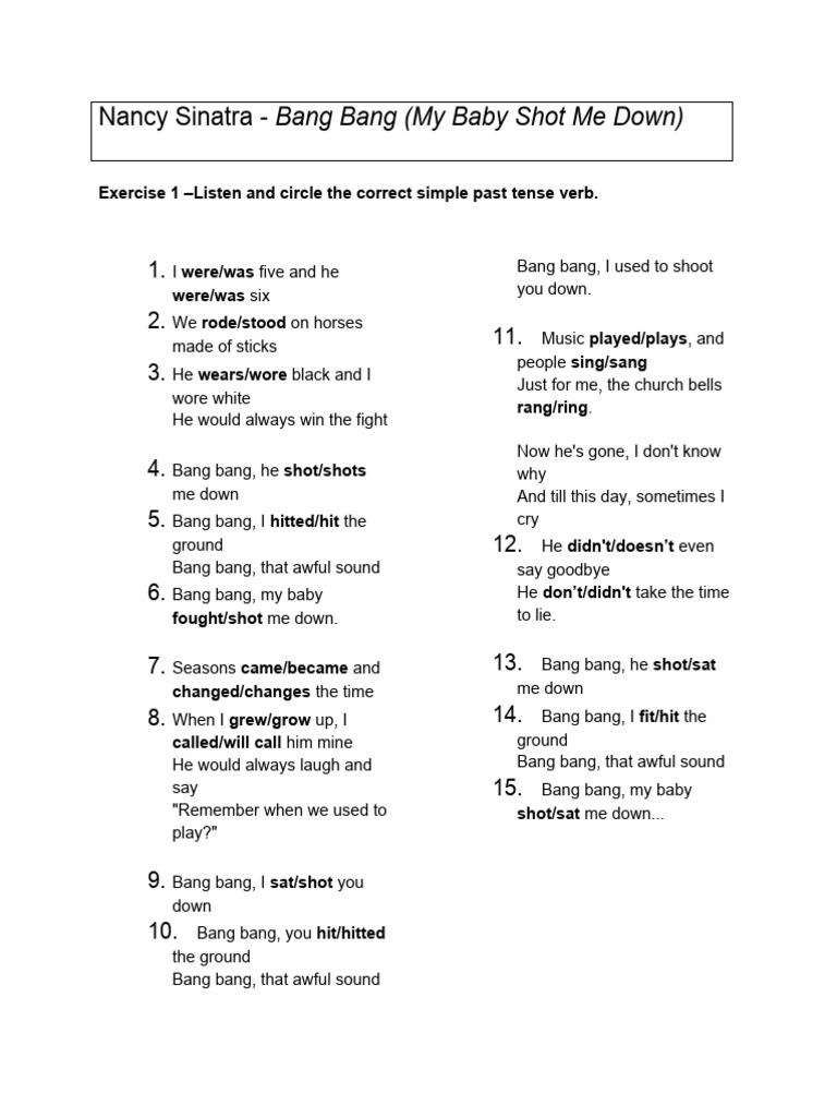 Past Simple Song Activity Nancy Sinatra Bang Bang | PDF