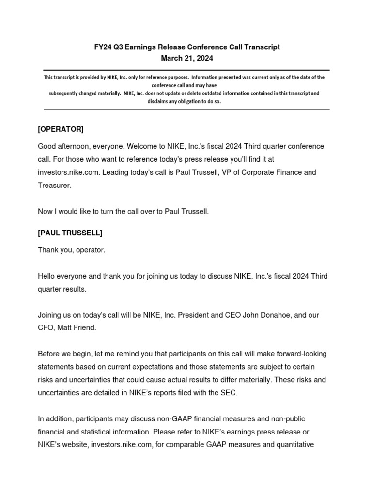 Nike Inc Q3fy24 Official Transcript Final | PDF | Brand | Nike