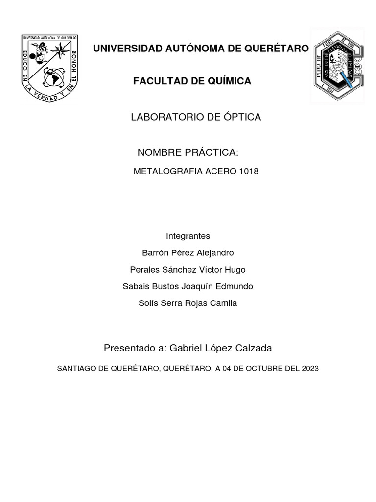 Grupo D5 REPORTE 5 LAB OPTICA | PDF | Acero | Microestructura