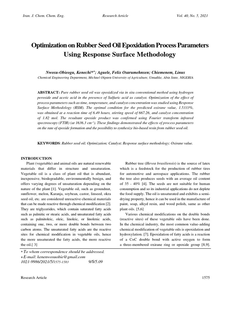 Optimization On Rubber Seed Oil Epoxidation Process Parameters Using Response Surface ...