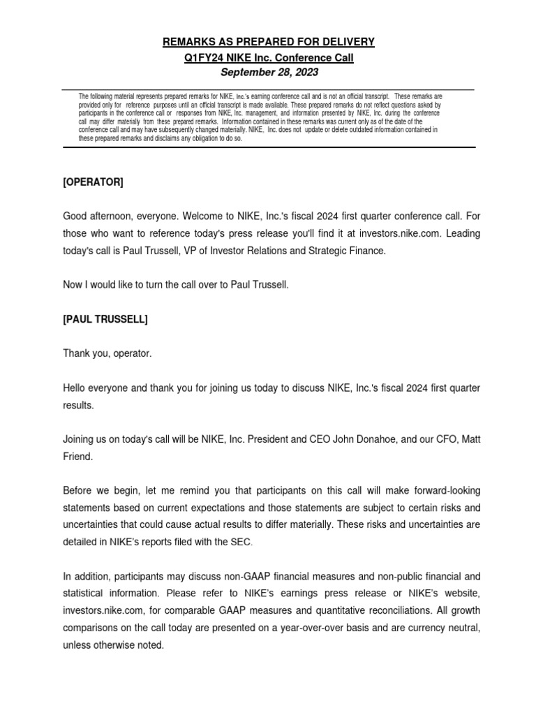 NIKE Inc Q1FY24 OFFICIAL Transcript | PDF | Nike | Retail