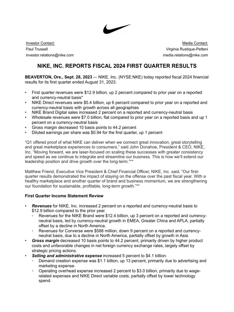 FY24 Q1 Combined NIKE Press Release Schedules FINAL | PDF | Expense | Revenue