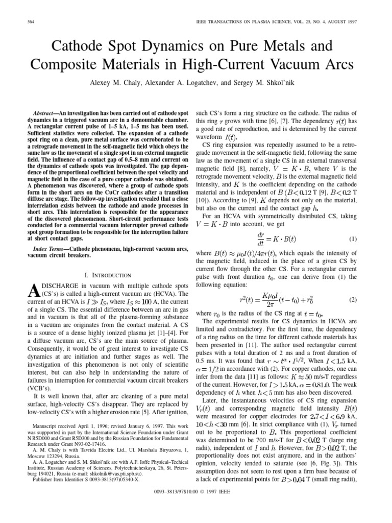 Cathode Spot Dynamics On Pure Metals and Composite Materials in High ...