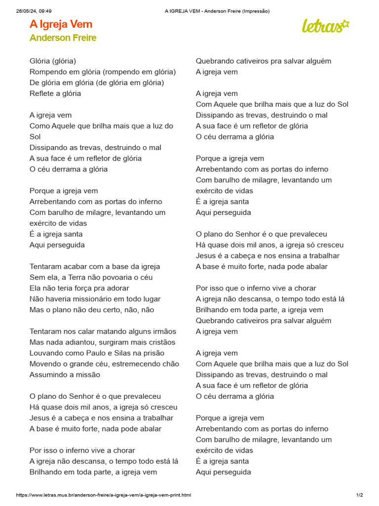 Letra da música "A Igreja Vem" | PDF | Igreja cristã