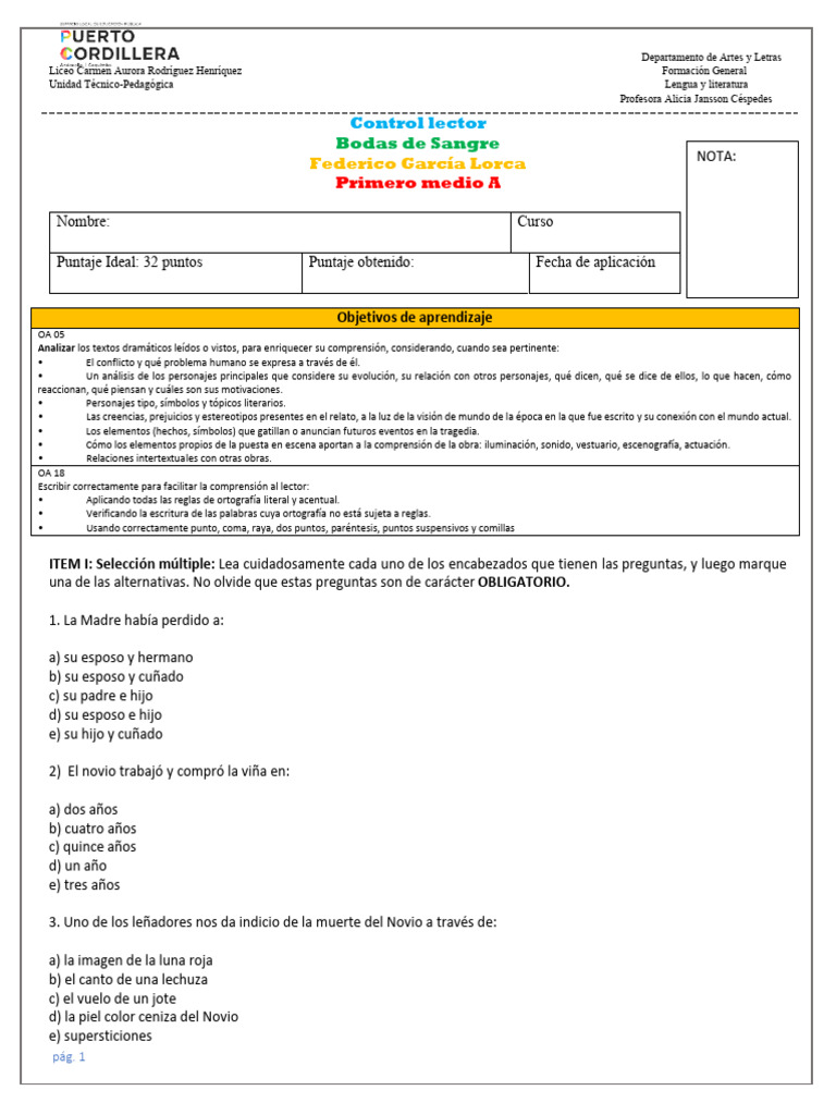 Control Lector Bodas de Sangre 240511 205843 | PDF | Inferencia | Las ...