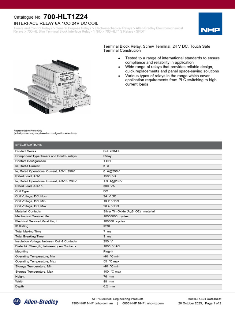 700-HLT1Z24: Interface Relay 6A 1co 24V DC Coil Catalogue No | PDF ...