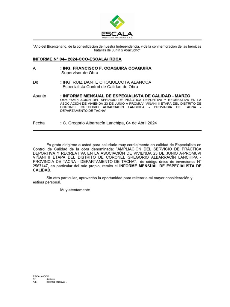 04_INFORME DE ESPECIALISTA DE CALIDAD_MARZO | PDF | Hormigón | Topografía