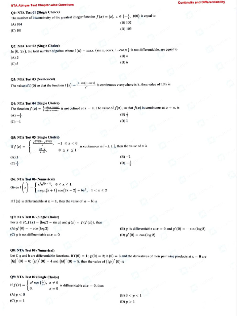 Continuity and Differentiability MCQ JEE | PDF | Function (Mathematics) | Algebra