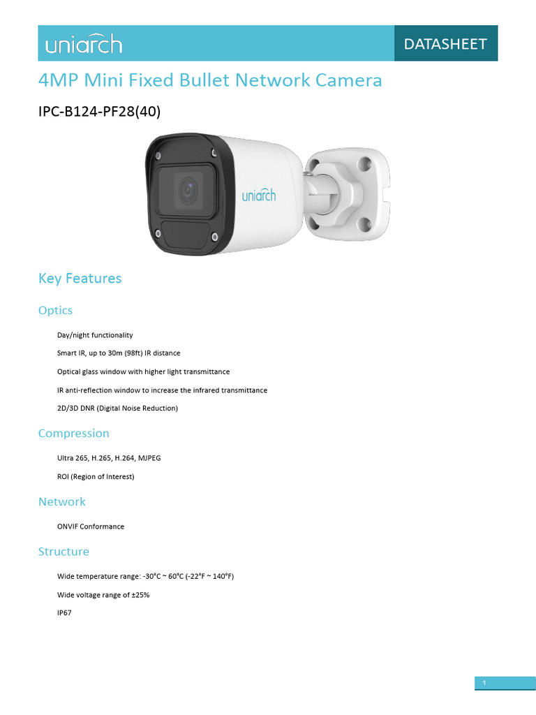 Uniarch IPC-B124-PF28 (40) 4MP Mini Fixed Bullet Network Camera V1.0 | PDF | Infrared | Camera