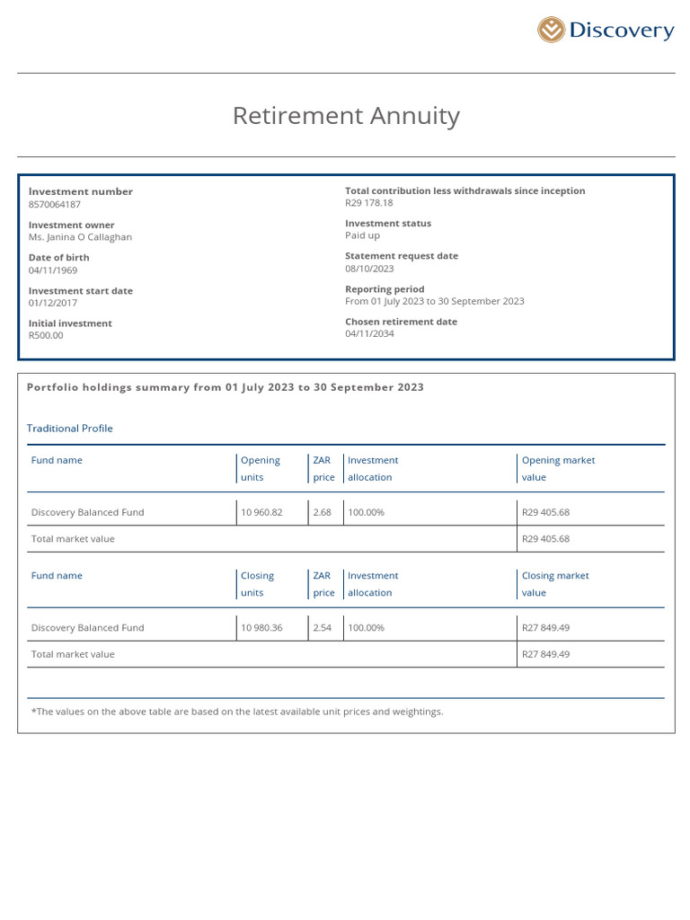 Retirement Annuity Investment Statement | PDF | Investment Fund | Investing