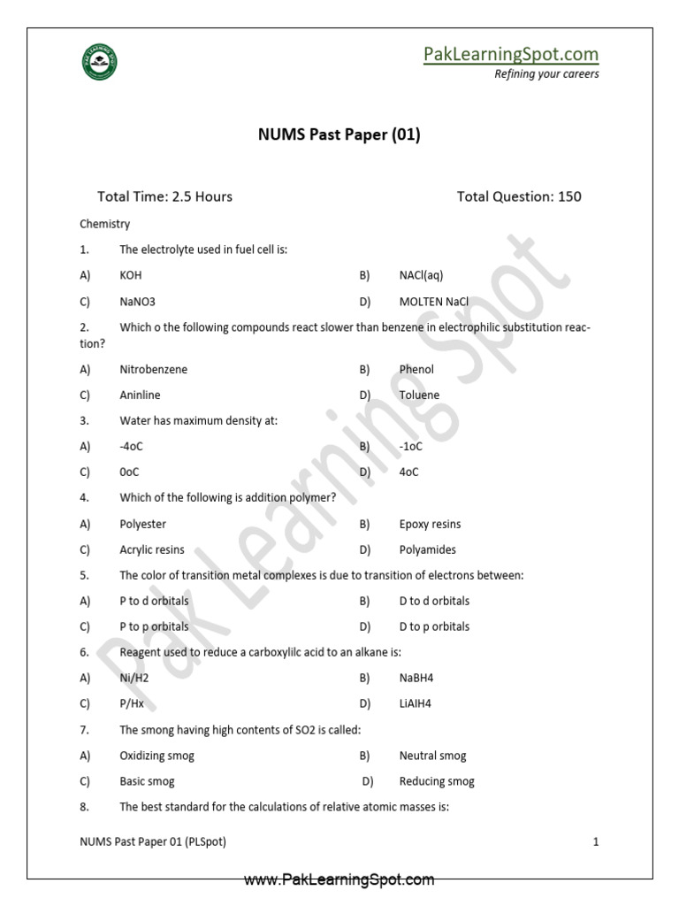 NUMS PAST PAPERS PakLearningSpot | PDF | Chemical Reactions ...