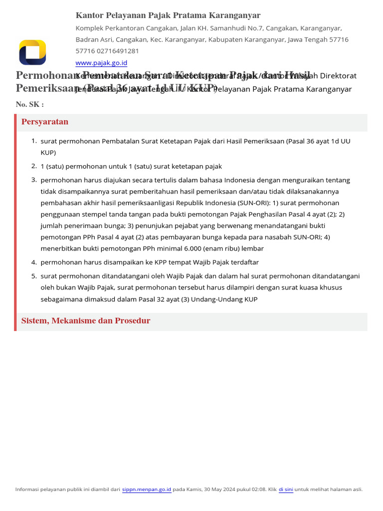 Unduh Standar Pelayanan - Permohonan Pembatalan Surat Ketetapan Pajak Dari Hasil Pemeriksaan ...