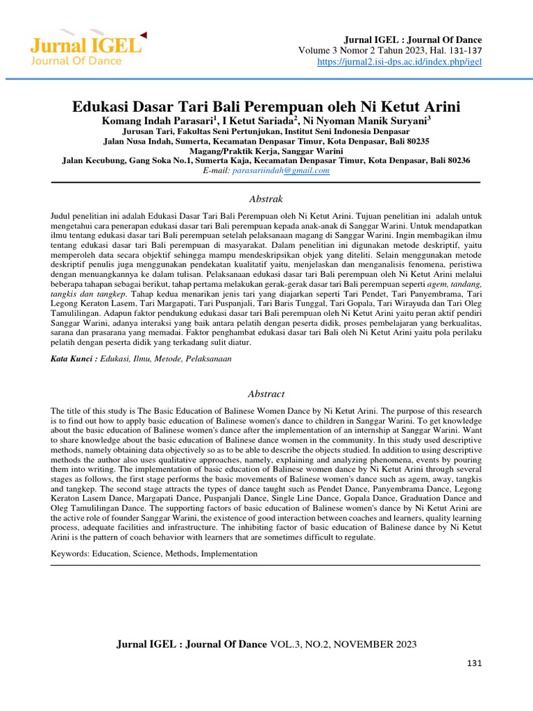 Edukasi Dasar Tari Bali Perempuan Oleh Ni Ketut Arini | PDF