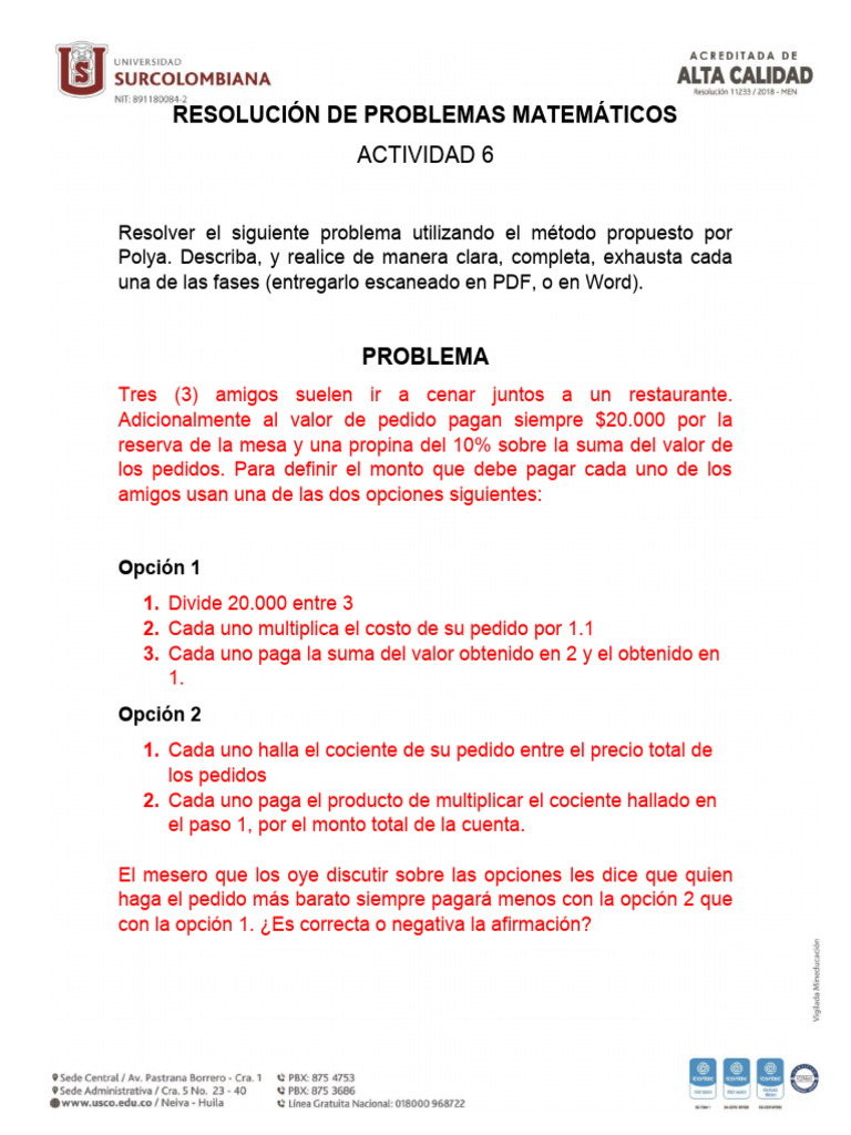 Actividad 6. Resolución de Un Problema Por El Método de Polya. | PDF | Matemáticas | Matemática ...