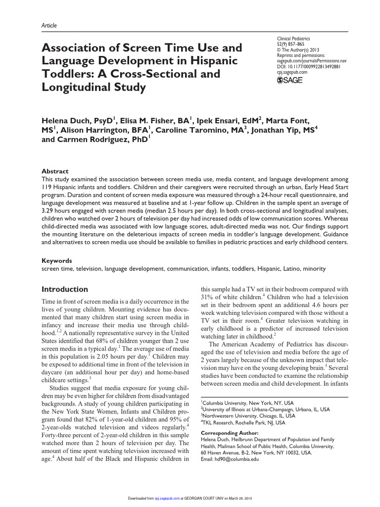 Association of Screen Time Use and Language Development in Hispanic Toddlers A Cross Sectional ...