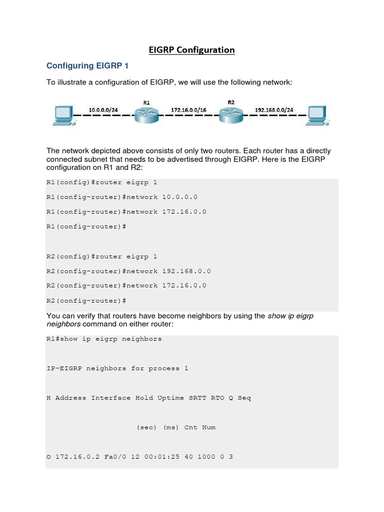 Eigrp Configuration In Cisco Packet Tracer Pdf Router Computing Internet Protocols 