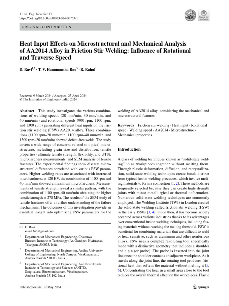 Heat Input Effects On Microstructural and Mechanical Analysis of AA2014 Alloy in Friction Stir ...