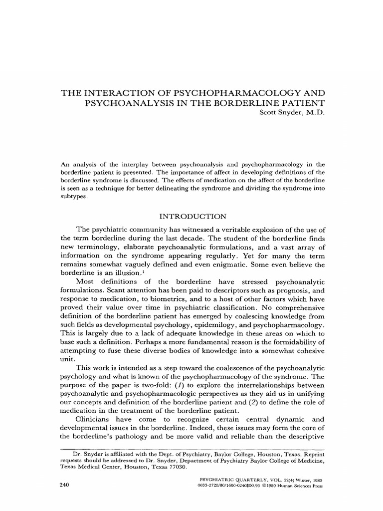 The Interaction of Psychopharmacology and Psychoanalysis in The Borderline Patient - Snyder ...